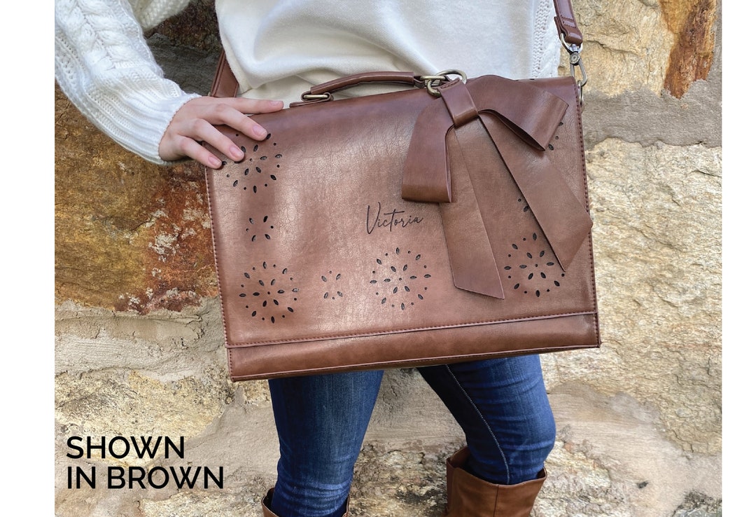 Personalized Leather Laptop Bag for Women, Monogram Leather Briefcase ...
