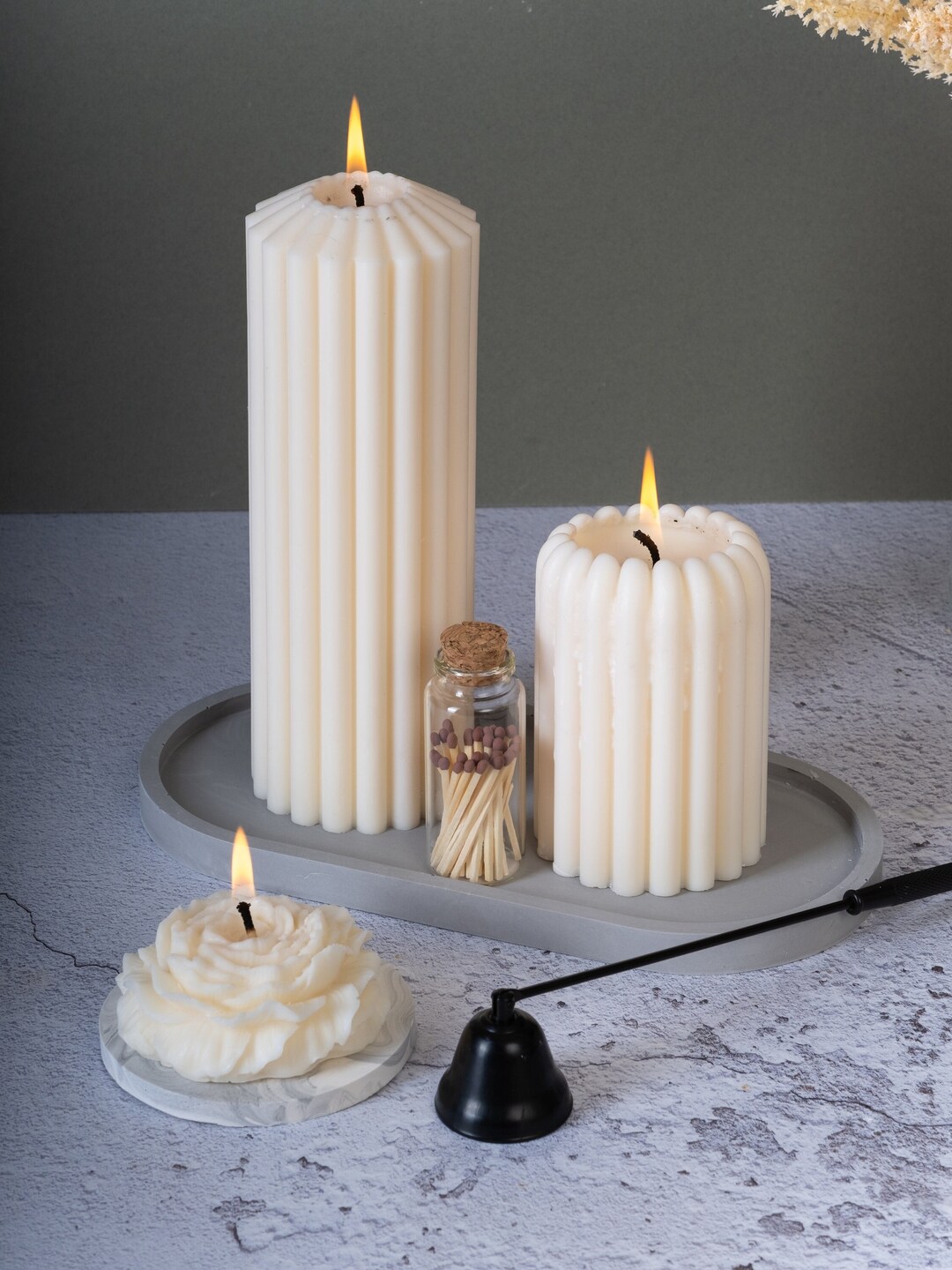 Ribbed Pillar Candles, Eco Friendly, Unscented Soy Wax, Dinner Party ...