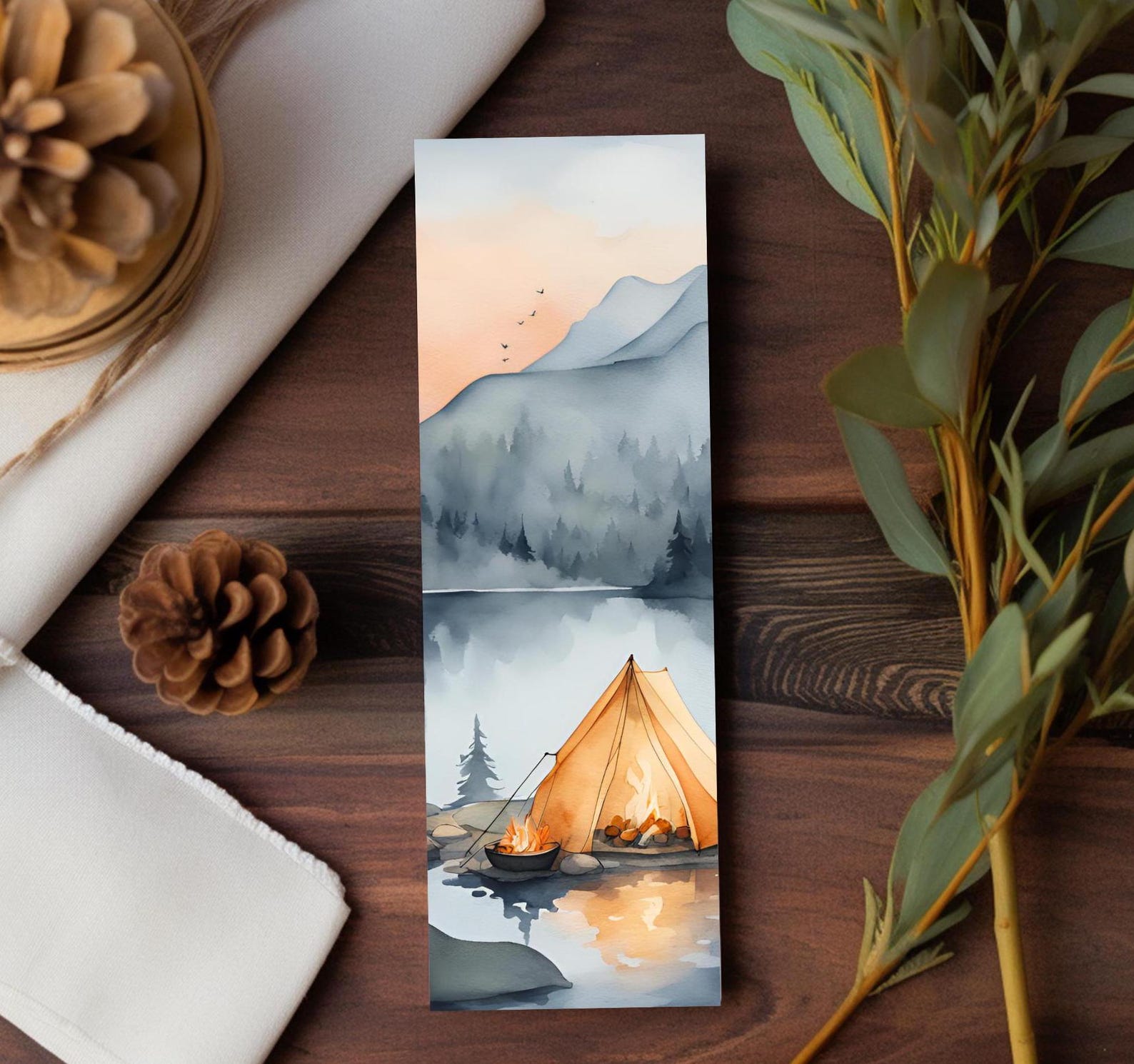 Campfire at the Lake Watercolor Bookmark/camping Landscape Page Marker ...