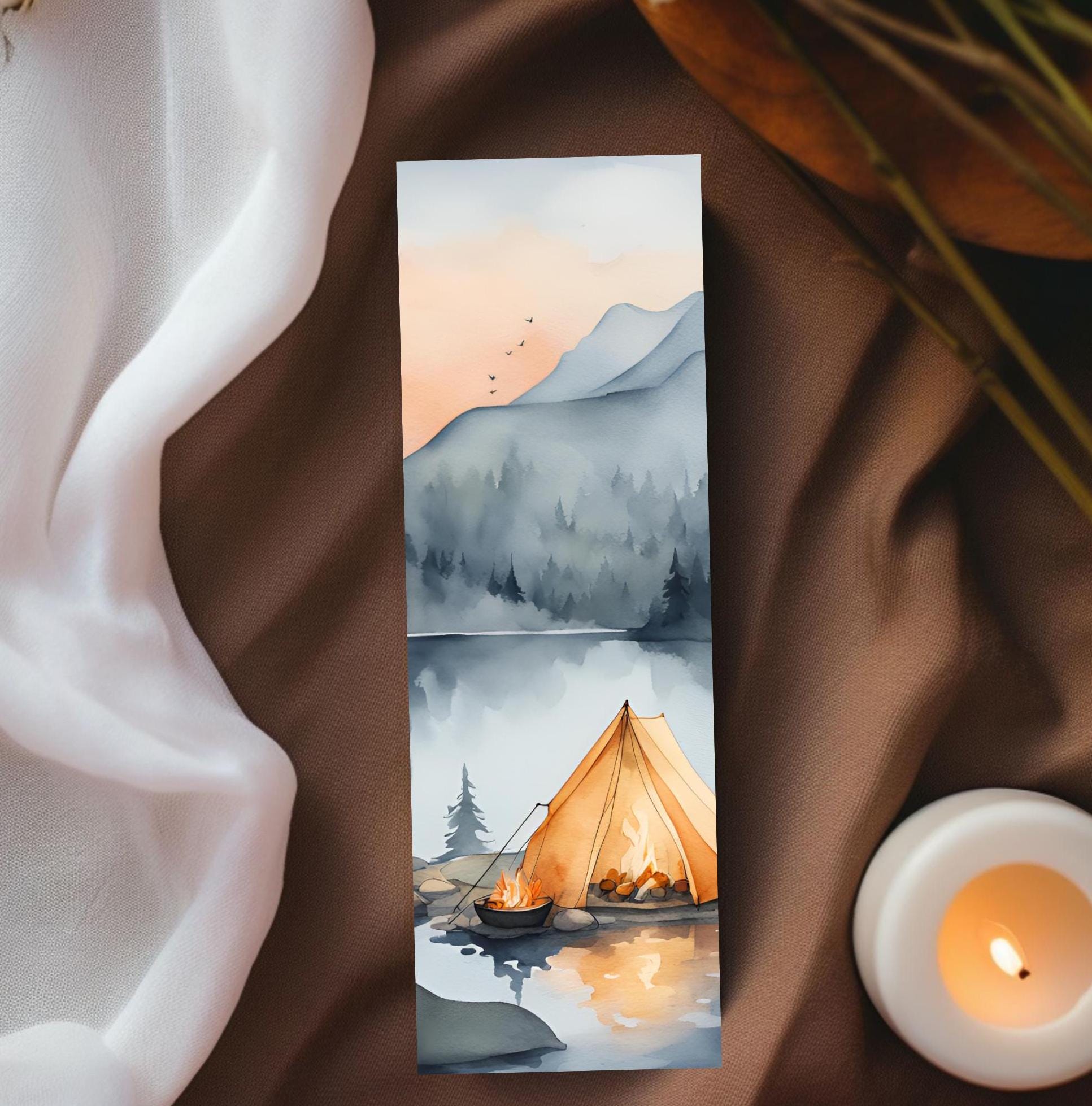 Campfire at the Lake Watercolor Bookmark/camping Landscape Page Marker ...