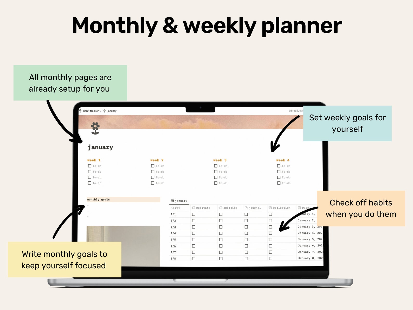 Notion Habit Tracker, Notion Template, Notion Monthly Planner, Notion Aesthetic, Weekly Habit ...