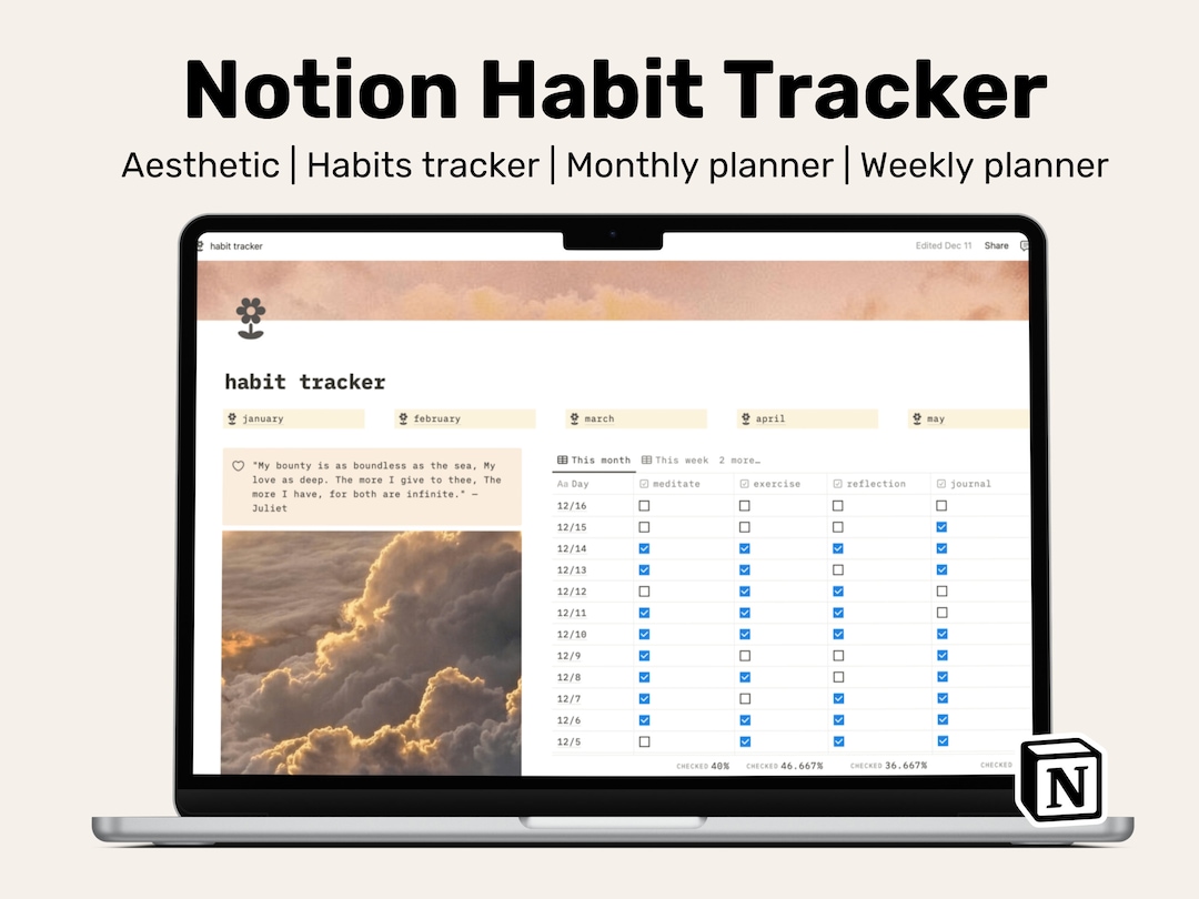 Notion Habit Tracker, Notion Template, Notion Monthly Planner, Notion Aesthetic, Weekly Habit ...
