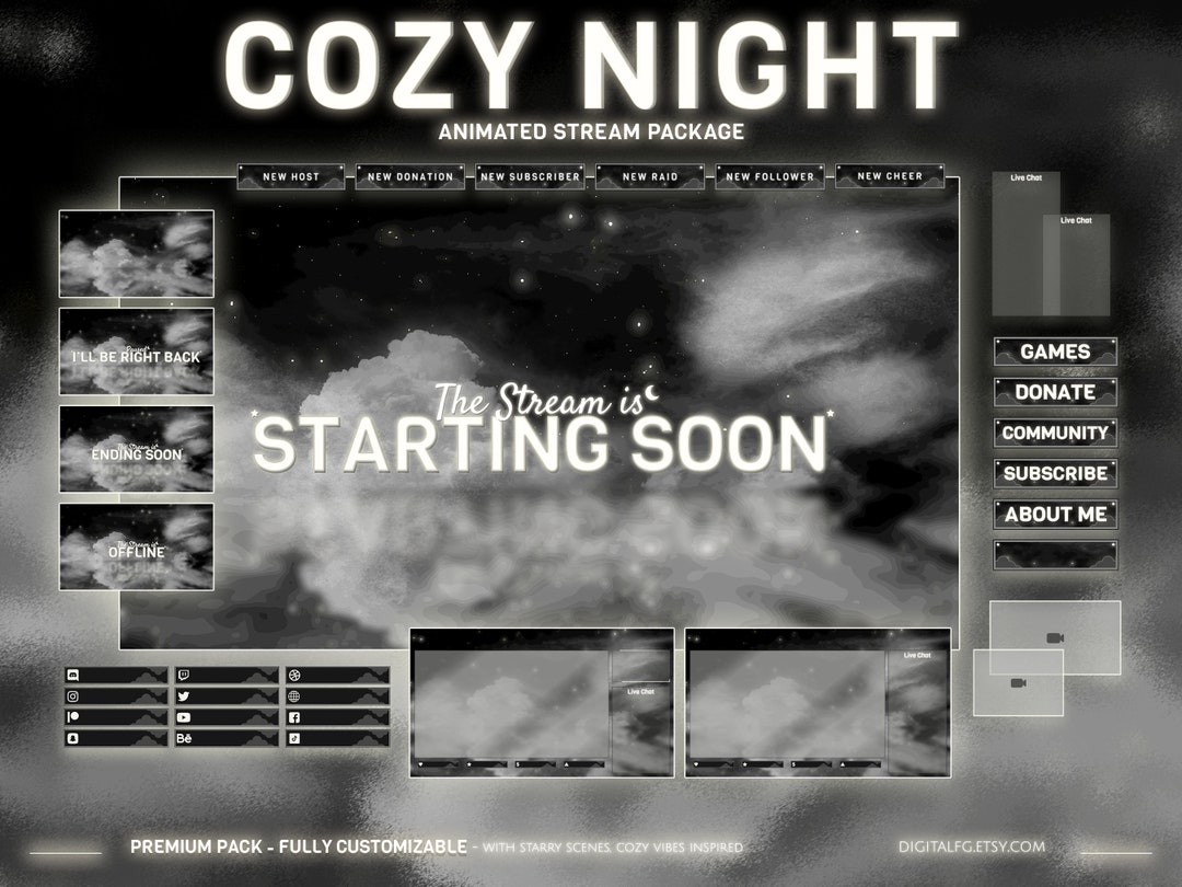 Cozy Night Complete Twitch Overlay, Animated Screens, Panels, Alerts ...
