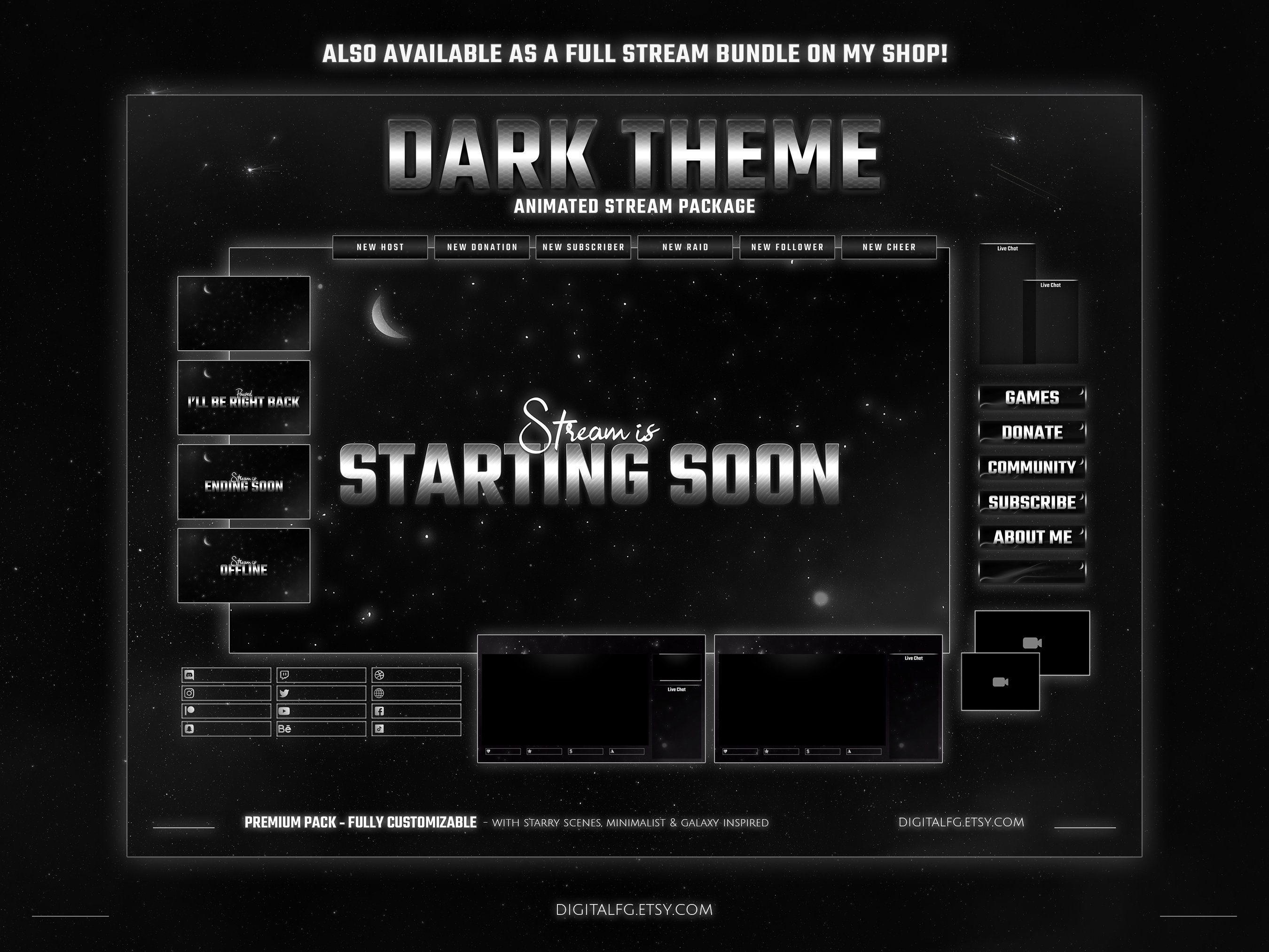 Dark Theme Animated Stream Screens for Twitch, Kick, Youtube, OBS ...