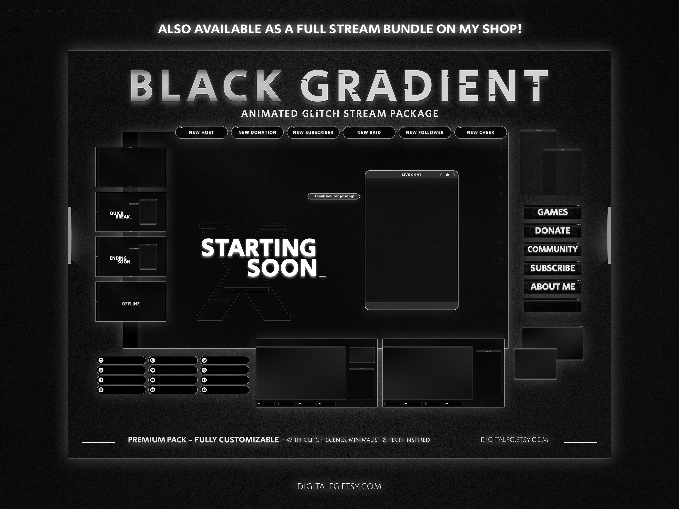 Black Gradient Animated Stream Screens With Chat Box for Twitch, Kick ...