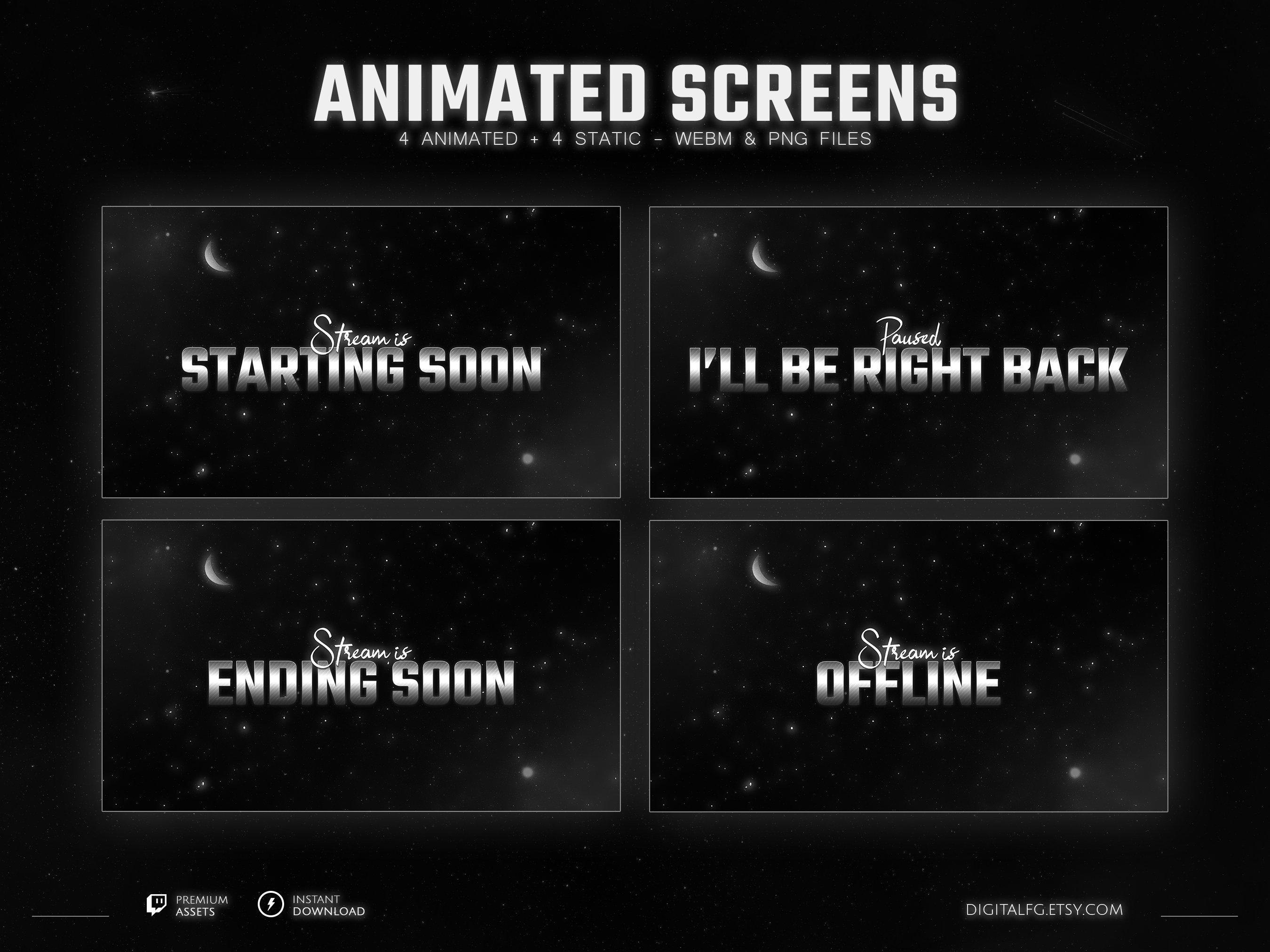 Dark Theme Animated Stream Screens for Twitch, Kick, Youtube, OBS ...