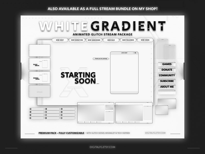 White Gradient Animated Stream Screens With Chat Box for Twitch, Kick ...