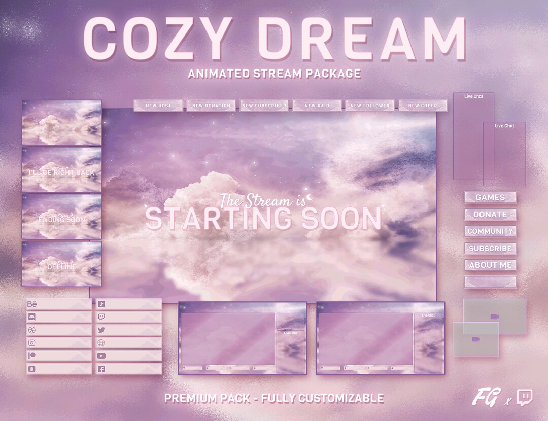 Cozy Dream Complete Twitch Overlay, Animated Screens, Panels, Alerts ...
