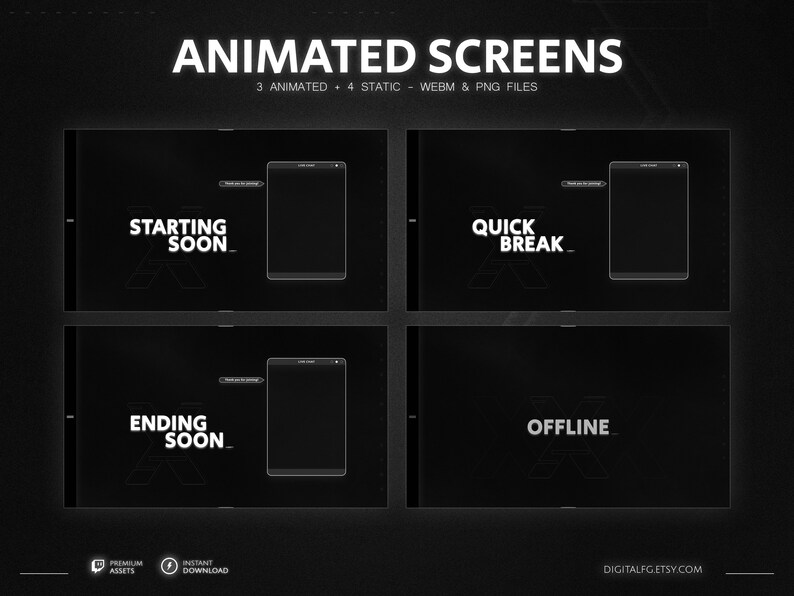 Black Gradient Animated Stream Screens With Chat Box for Twitch, Kick ...