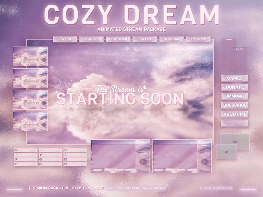 Cozy Dream Complete Twitch Overlay, Animated Screens, Panels, Alerts ...