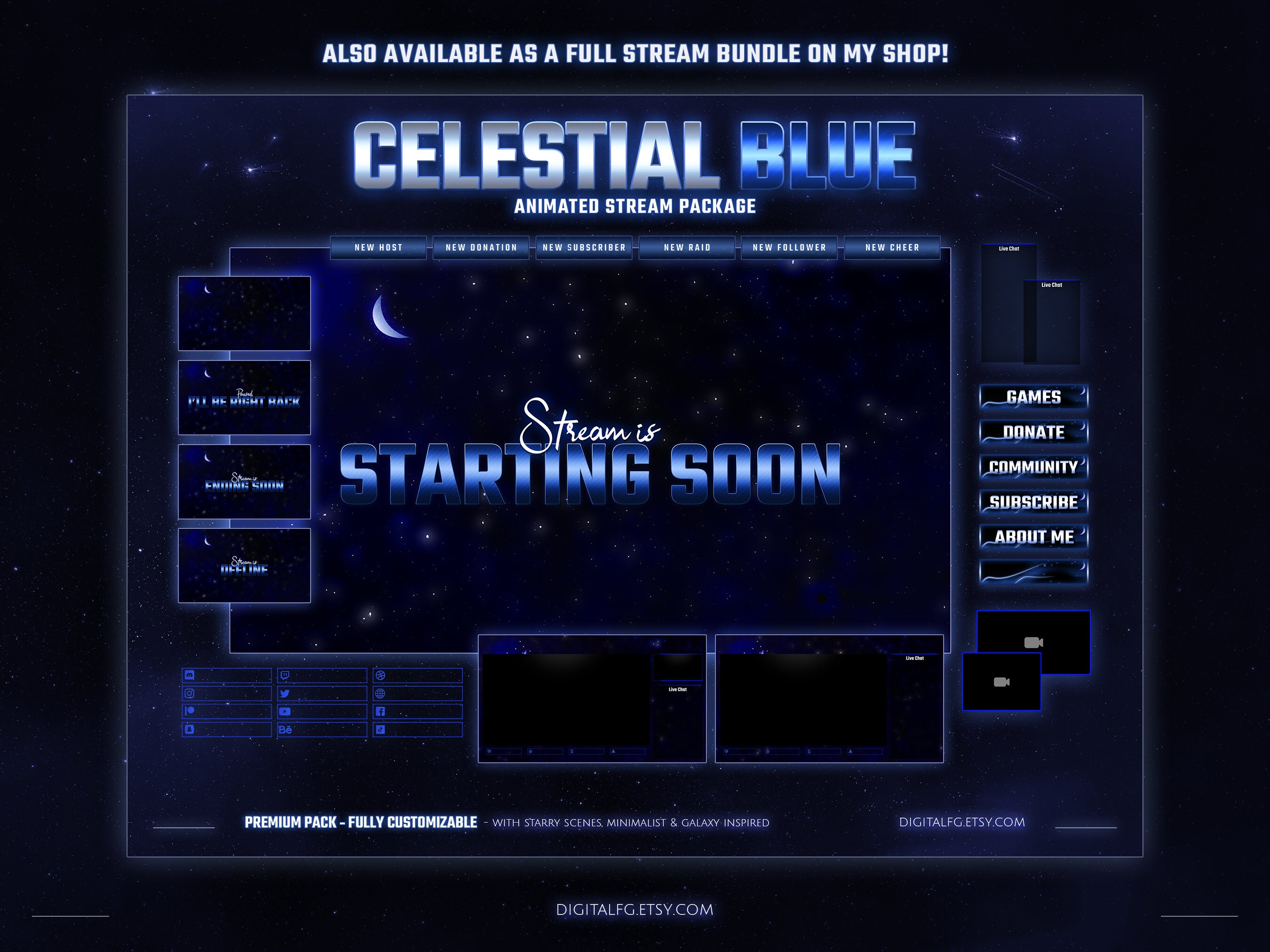 Celestial Blue Animated Stream Screens for Twitch, Kick, Youtube, OBS ...