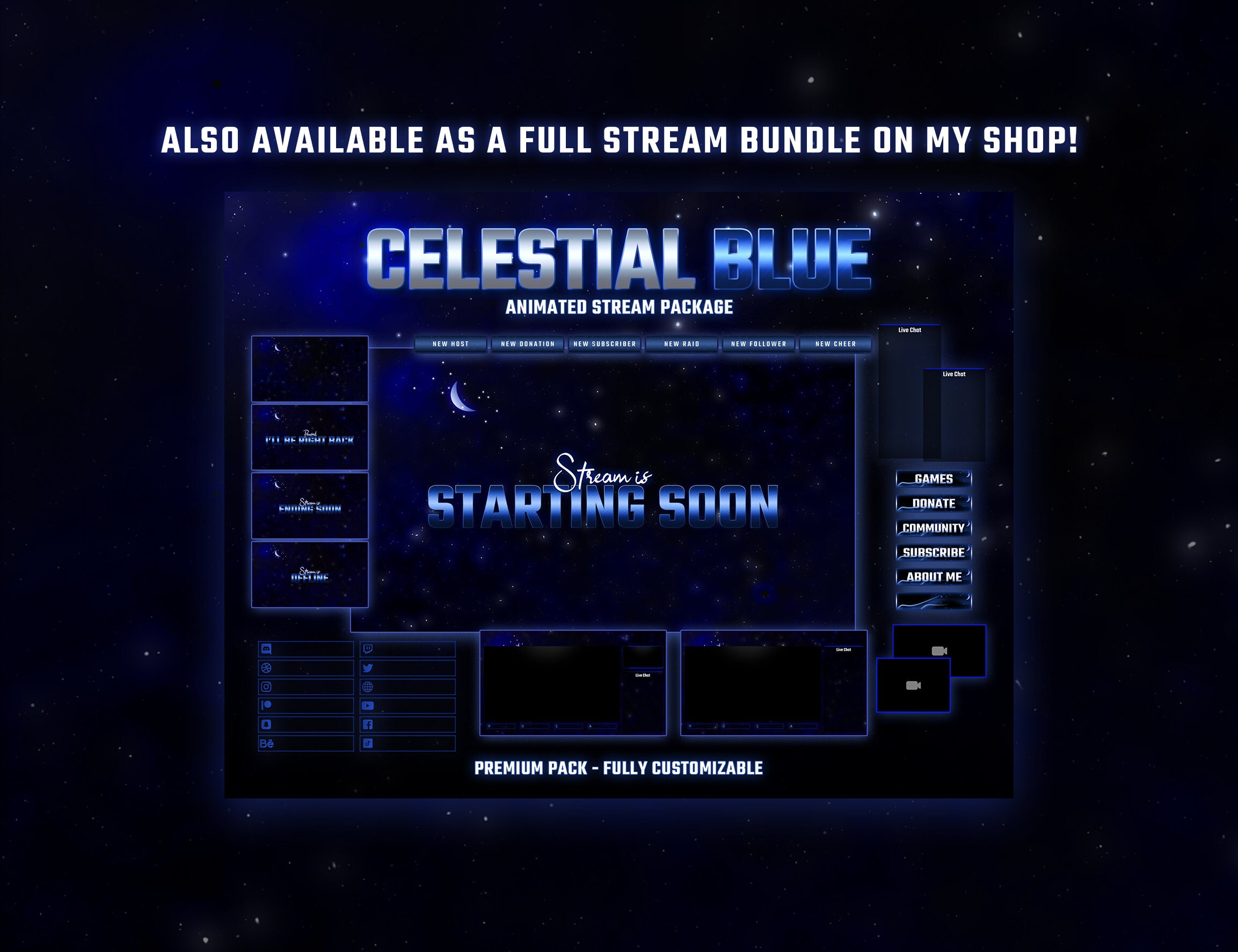 Celestial Blue Animated Screens Made for TWITCH, KICK, Youtube, OBS ...