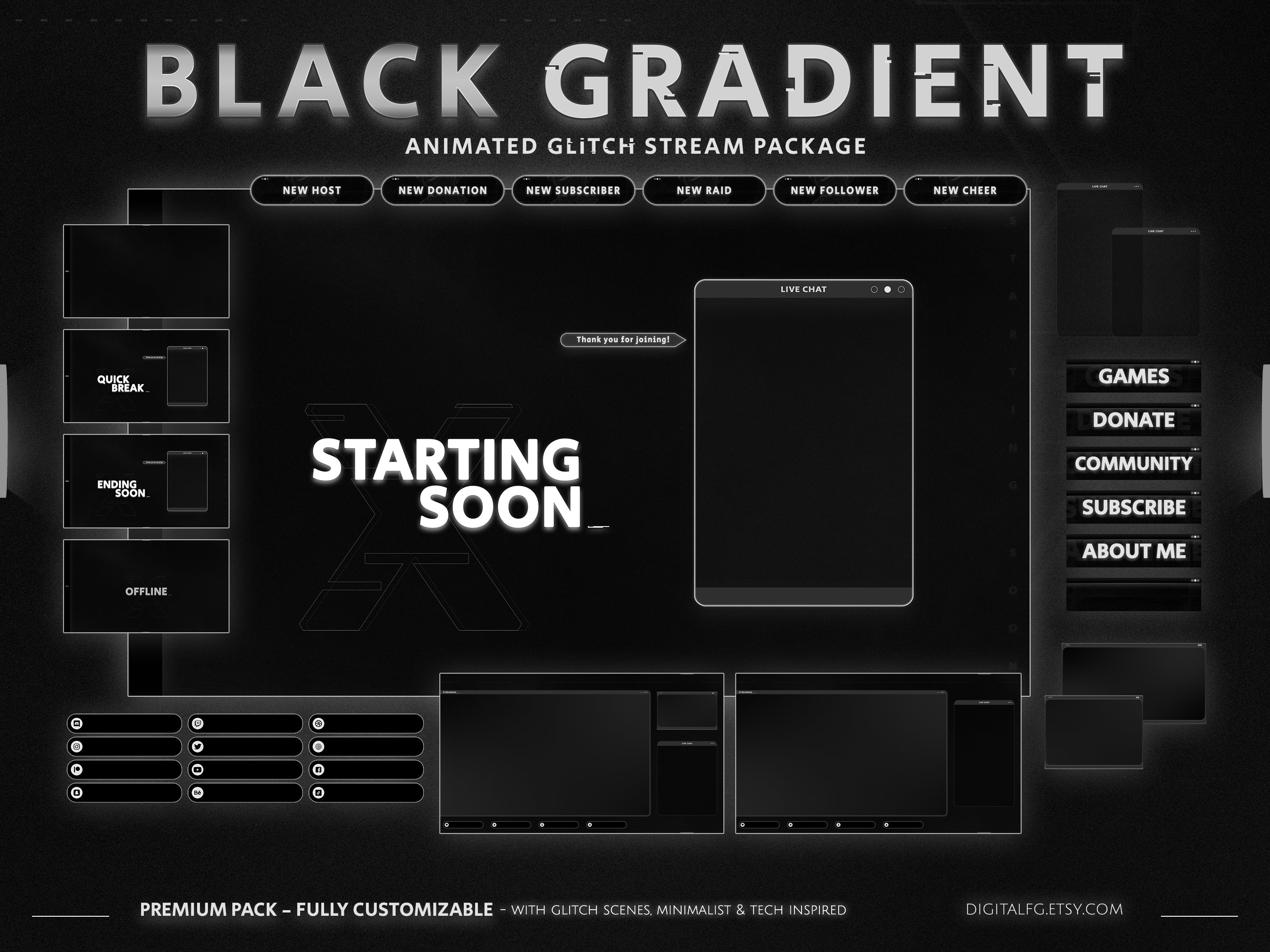 Black Gradient Complete Twitch Overlay, Animated Screens, Panels ...