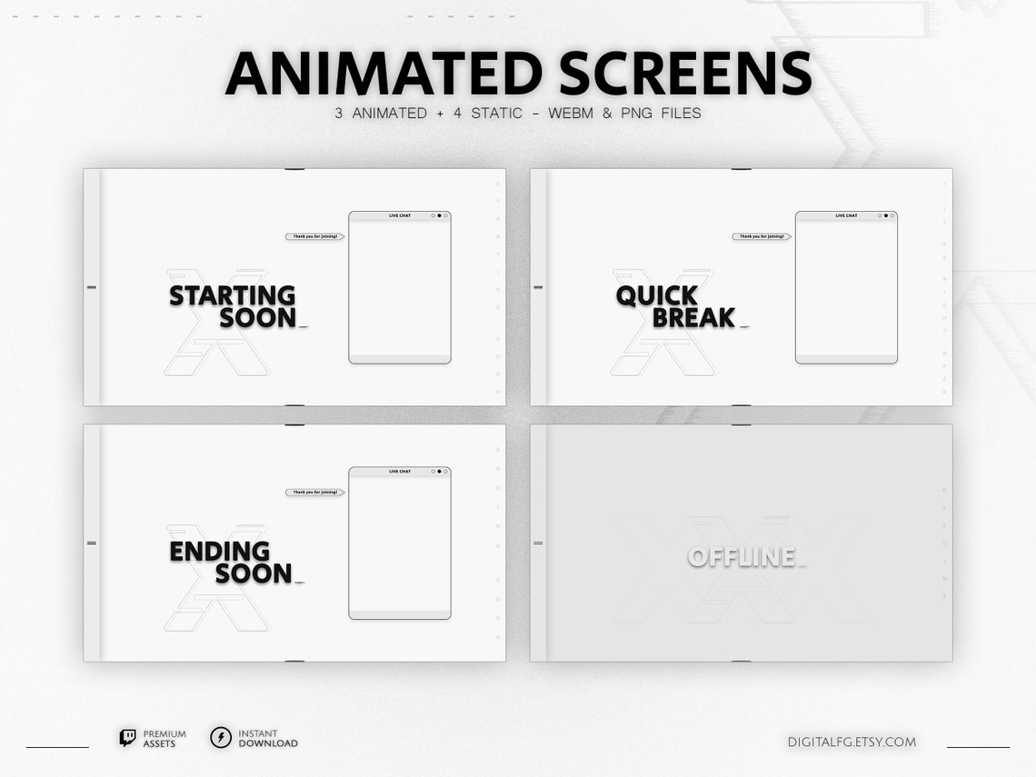 White Gradient Animated Stream Screens With Chat Box for Twitch, Kick ...