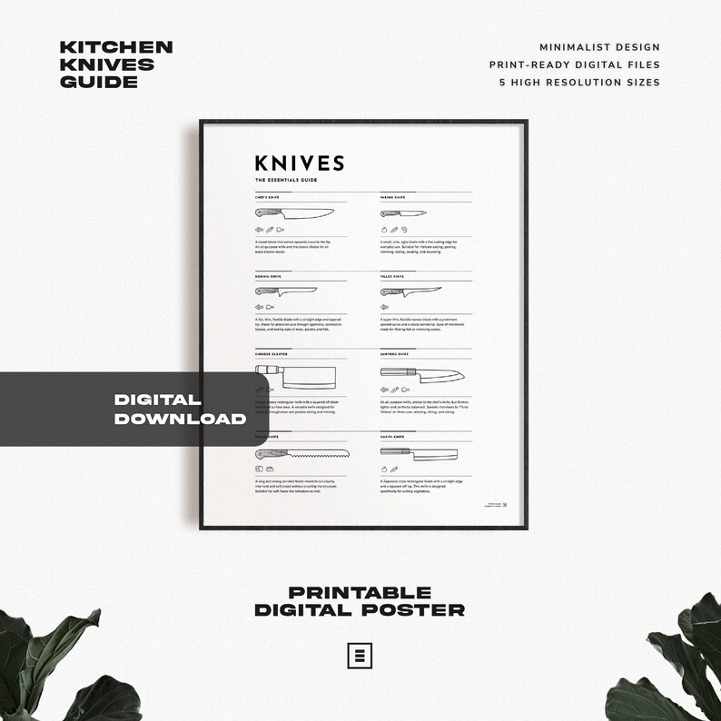 Minimalist Knife Chart Kitchen Knives Print Guide Digital Printable ...