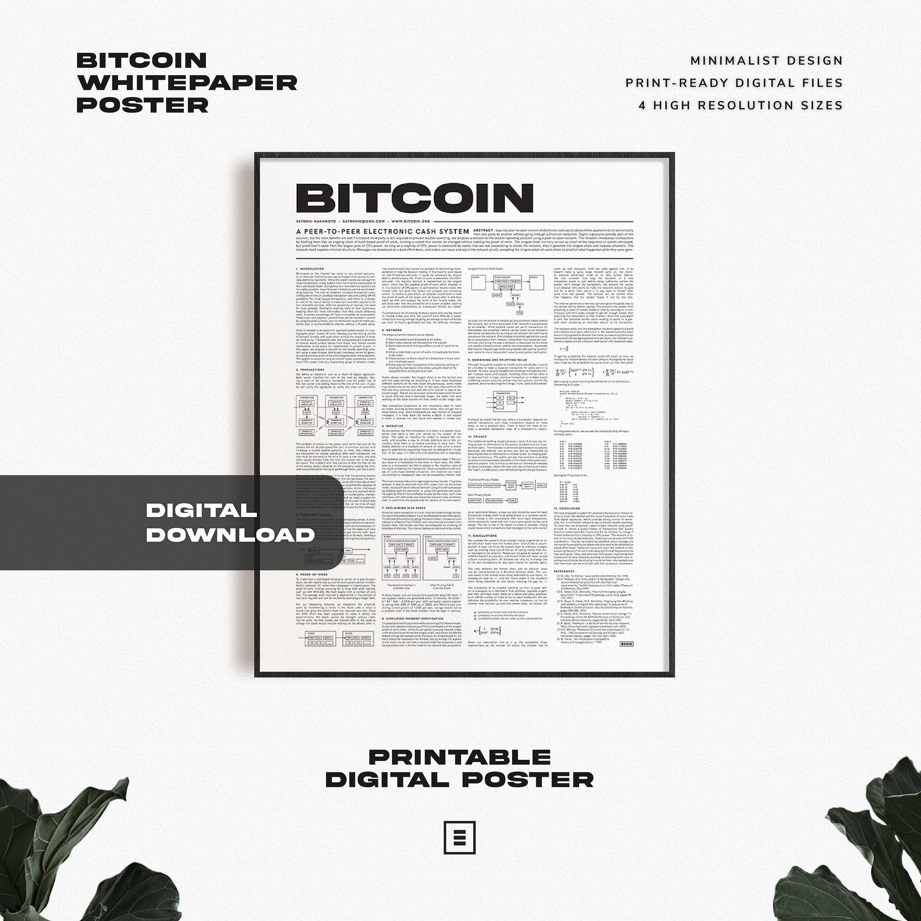Minimalist Bitcoin Whitepaper Poster | Cryptocurrency Art Print ...