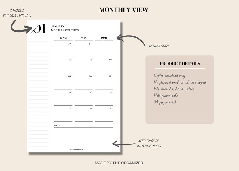 Minimalist Dated Monthly Planner Inserts Printable, Monday Start, A4/a5 ...