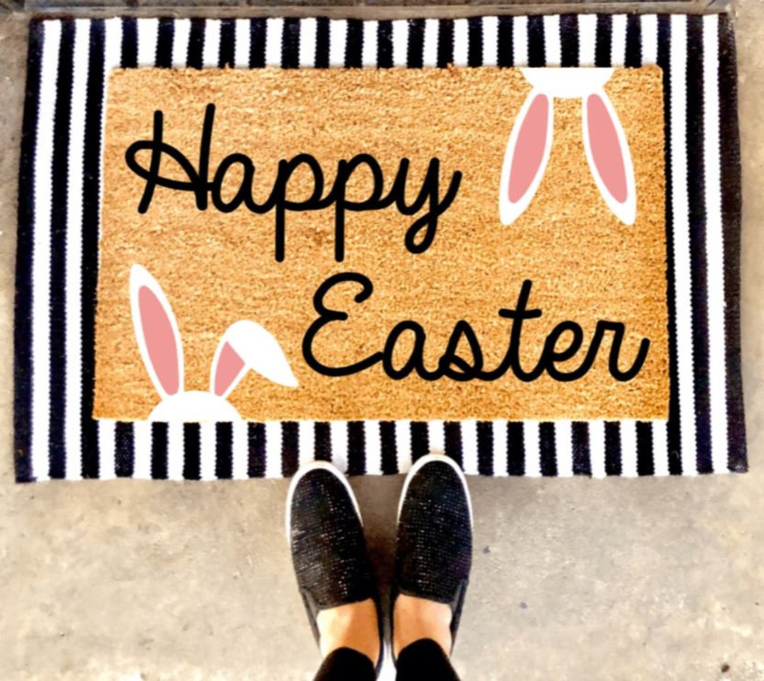 Happy Easter Bunny Ears Spring Doormat | Flowers | Floral | White ...