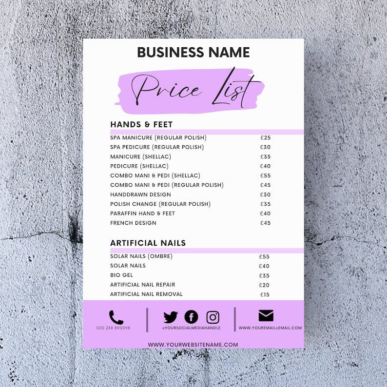 PRICE LIST Template Editable, Printable Price Sheet, Hair Salon ...