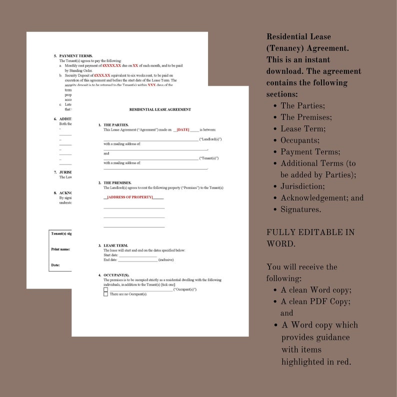 Residential Lease Agreement, Tenancy Agreement, FULLY EDITABLE, Instant ...