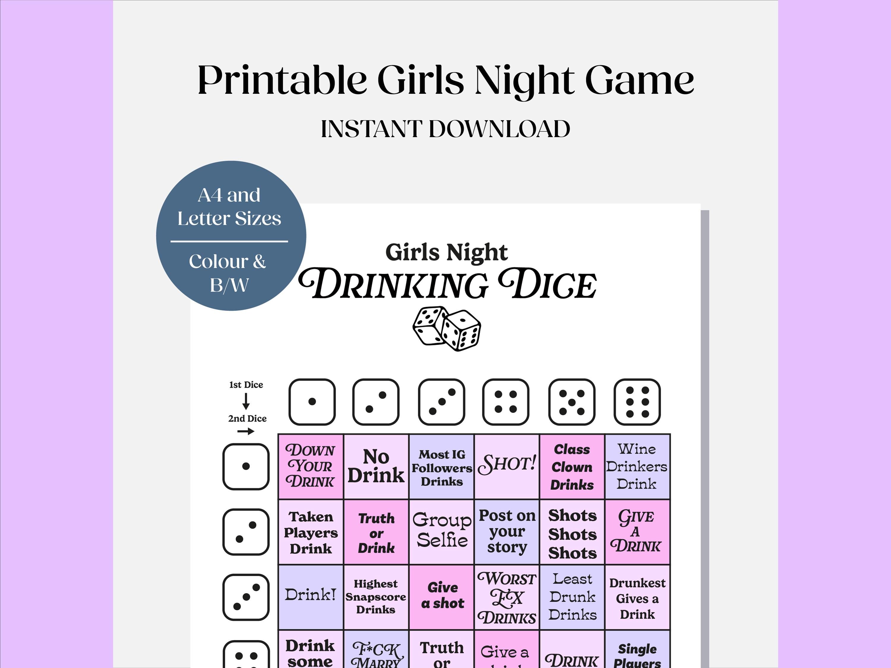 Girls Night Drinking Dice | Printable Drinking Game for Girls Night ...