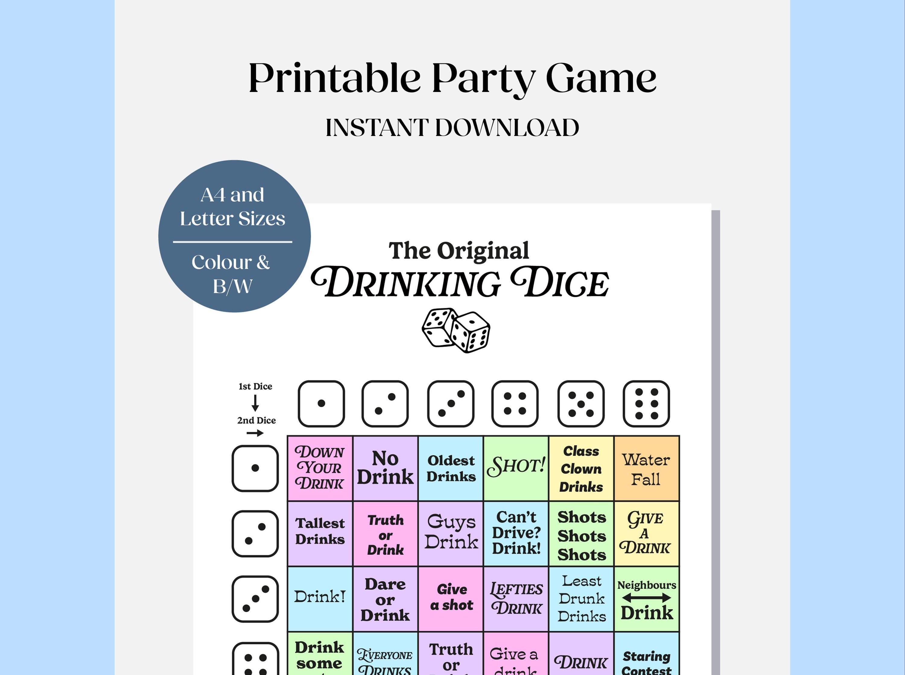 Drinking Dice | Printable Drinking Game for Adults, Fun for Pres ...