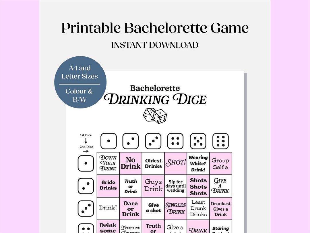 Bachelorette Drinking Dice | Printable Drinking Game for Hen Do ...