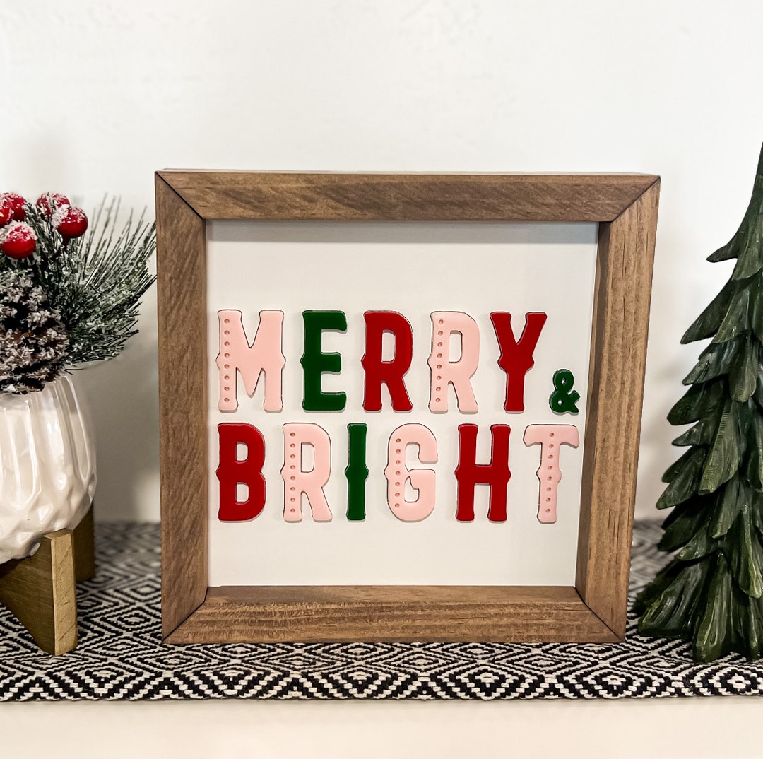 Merry and Bright Sign, Christmas Tree Sign, Christmas Sign, Pink ...
