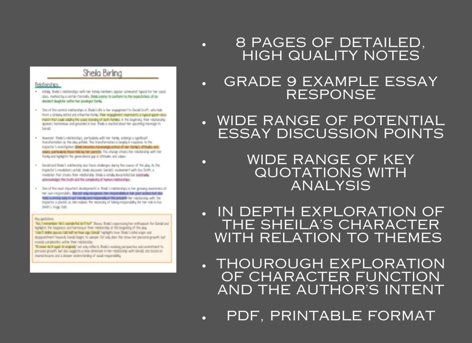 Sheila Birling Revision Notes/ an Inspector Calls Study Guide/ GCSE ...