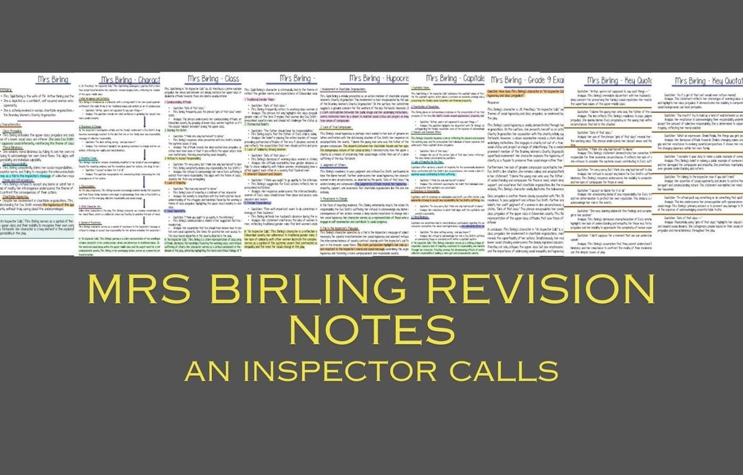 Mrs Birling Revision Notes/ Character Study Guide/ an Inspector Calls ...