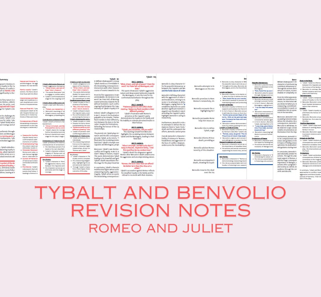 Tybalt + Benvolio Revision Notes/ Romeo and Juliet Character Analysis ...
