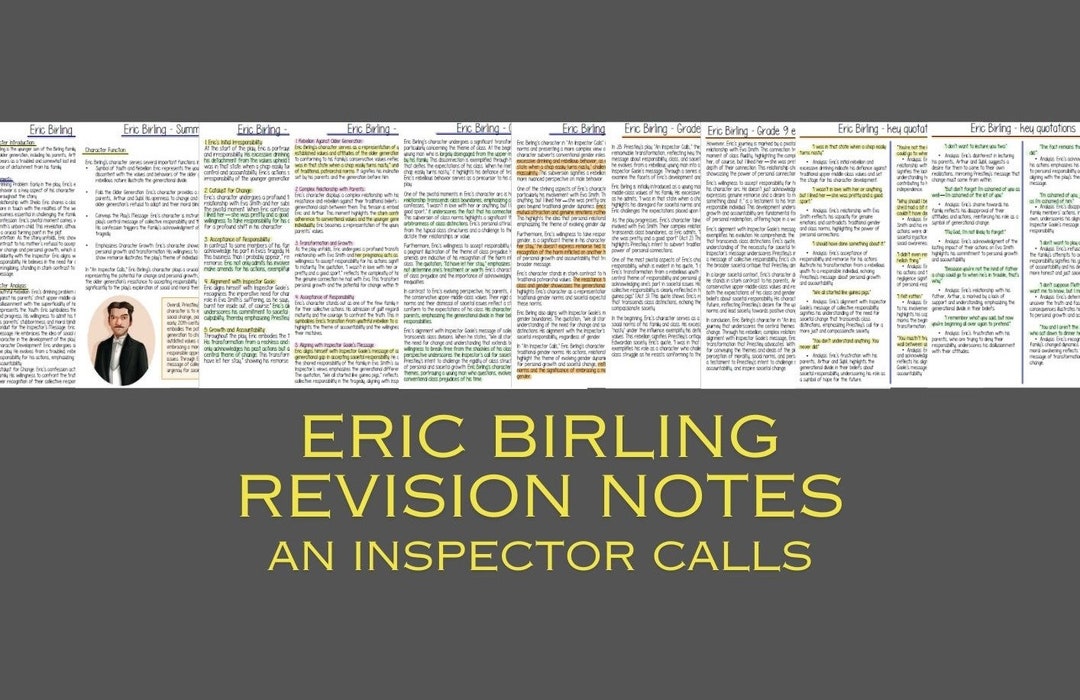 Eric Birling Revision Notes/ Character Study Guide/an Inspector Calls ...