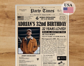Back in 1992 Newspaper Poster Printable, 32nd Birthday Decoration, 1992 ...