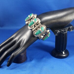 Green Onyx and Silver Bracelet, Vintage Stamped Silver Mexican Made, Carved Faces or Masks ...