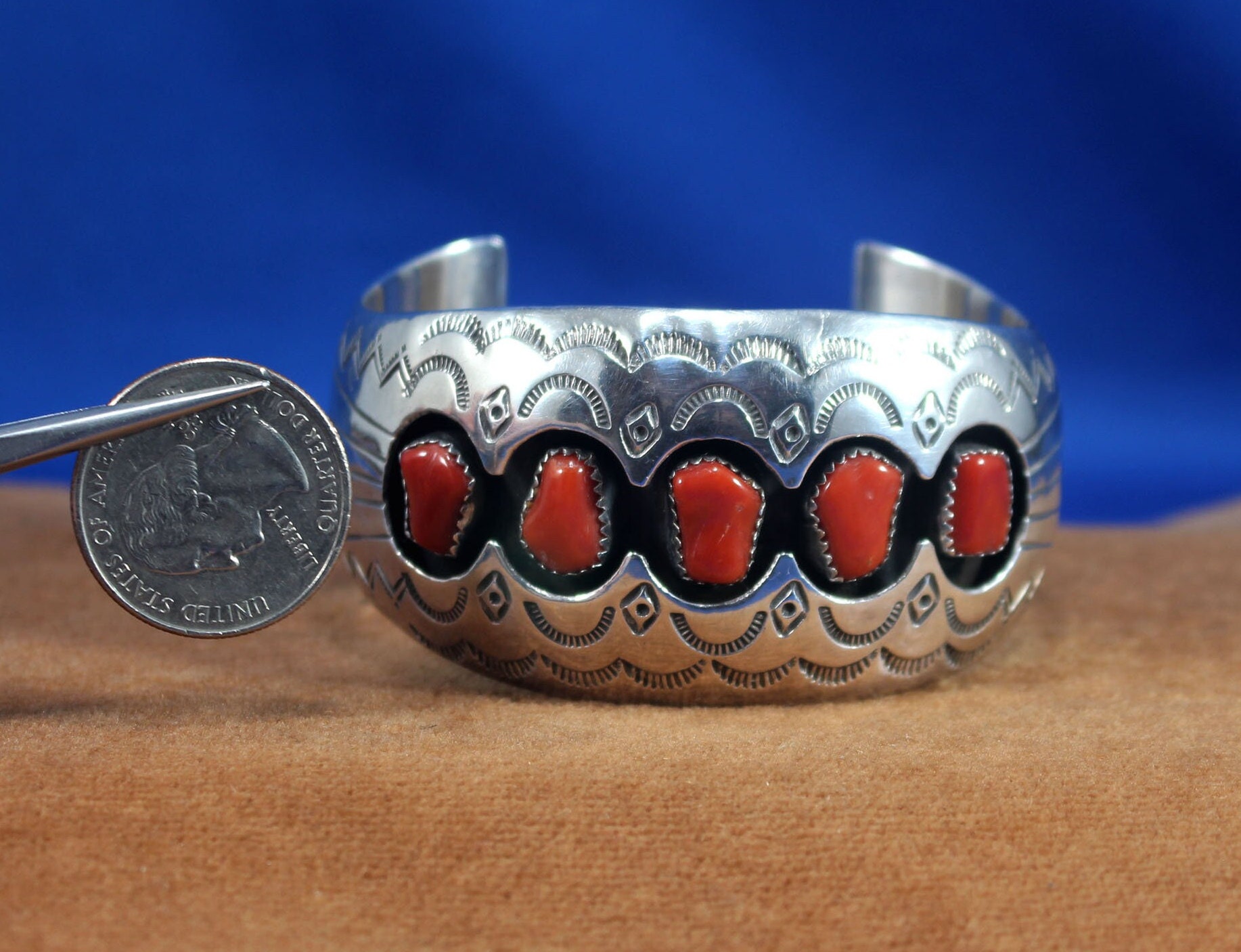 Natural Coral and Sterling Silver Cuff Bracelet, Vintage Navajo ...