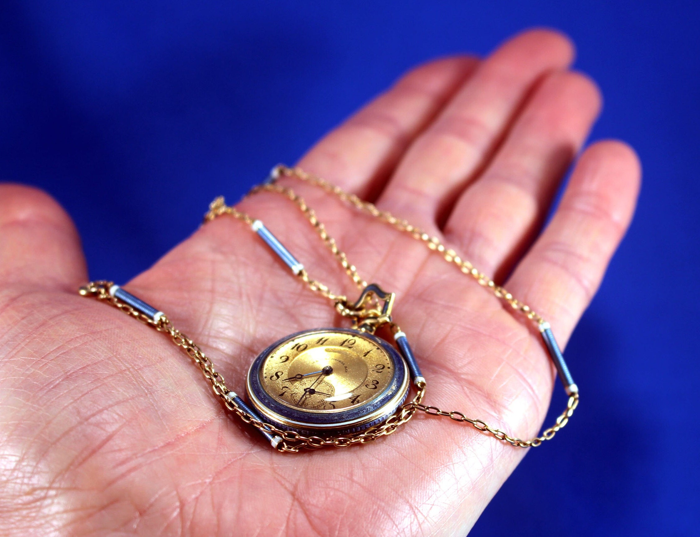Watch Pendant Necklace Antique From 1915, Blue Guilloche Enamel and 14K ...