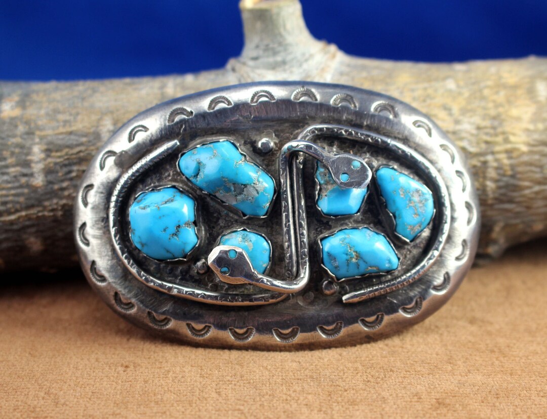 Belt Buckle With Natural Turquoise Nuggets and Silver Snakes, Vintage ...