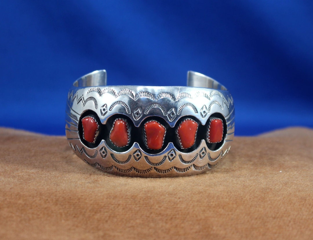 Natural Coral and Sterling Silver Cuff Bracelet, Vintage Navajo ...