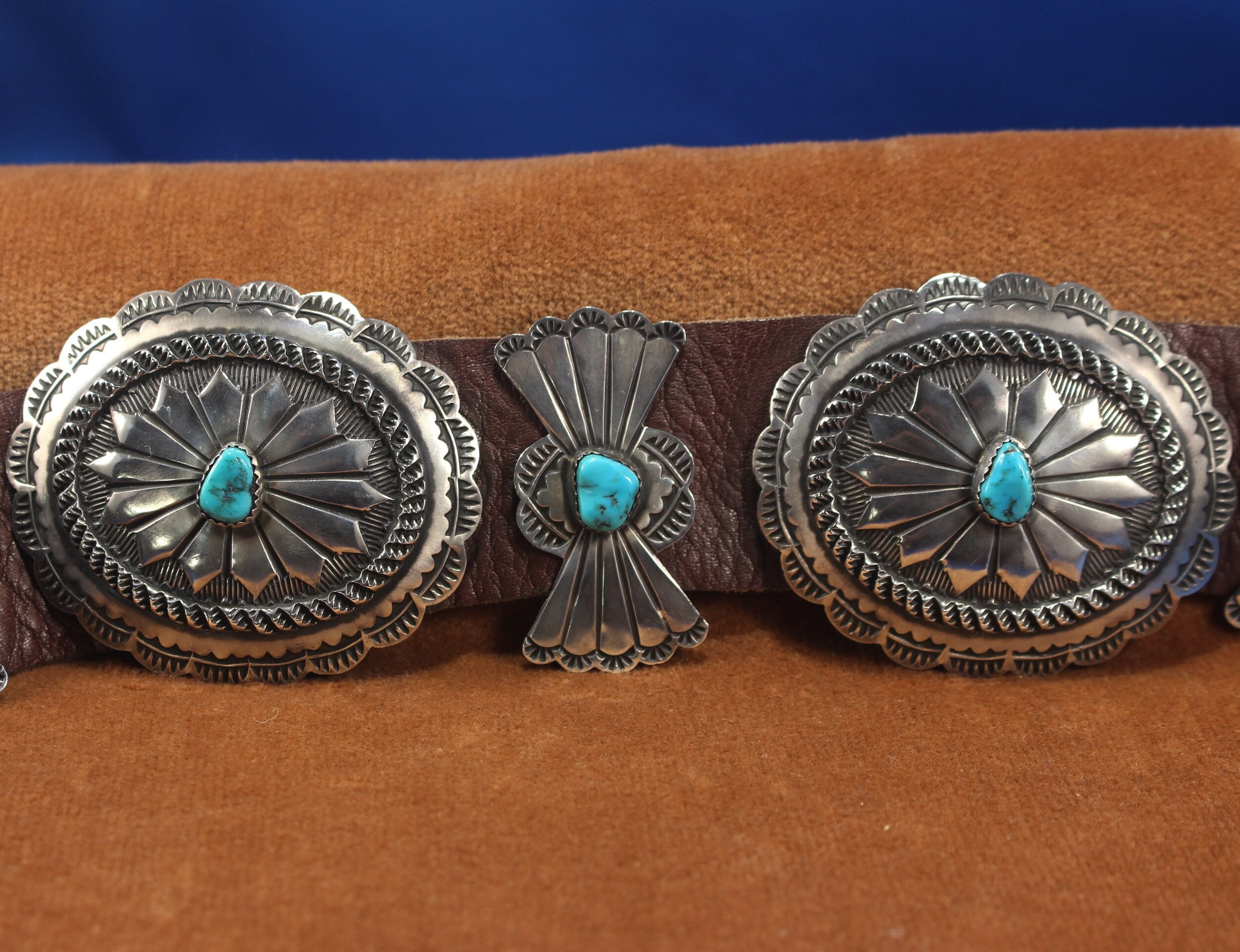 Concho Belt, Sterling Silver and Turquoise on Brown Leather Belt ...