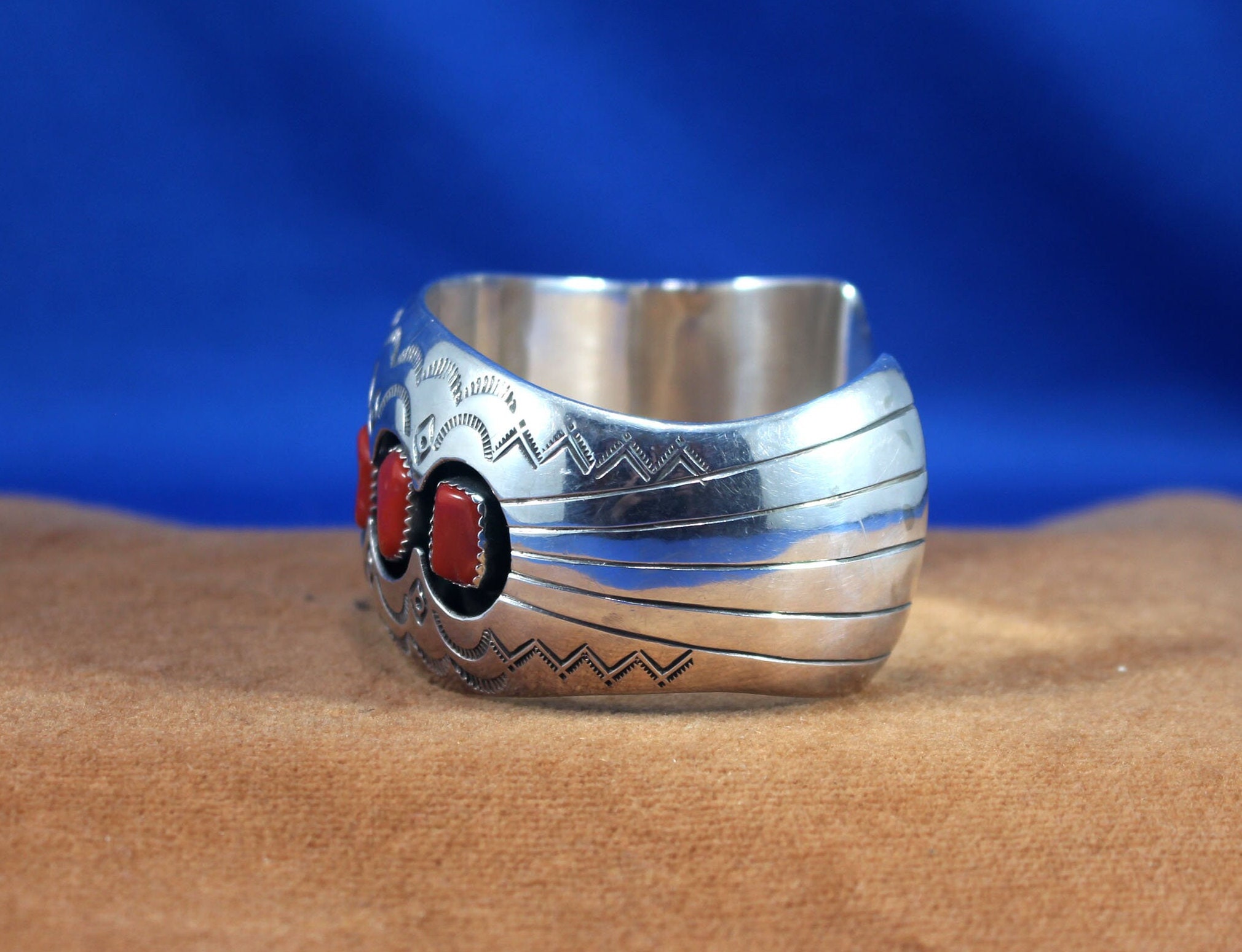 Natural Coral and Sterling Silver Cuff Bracelet, Vintage Navajo ...