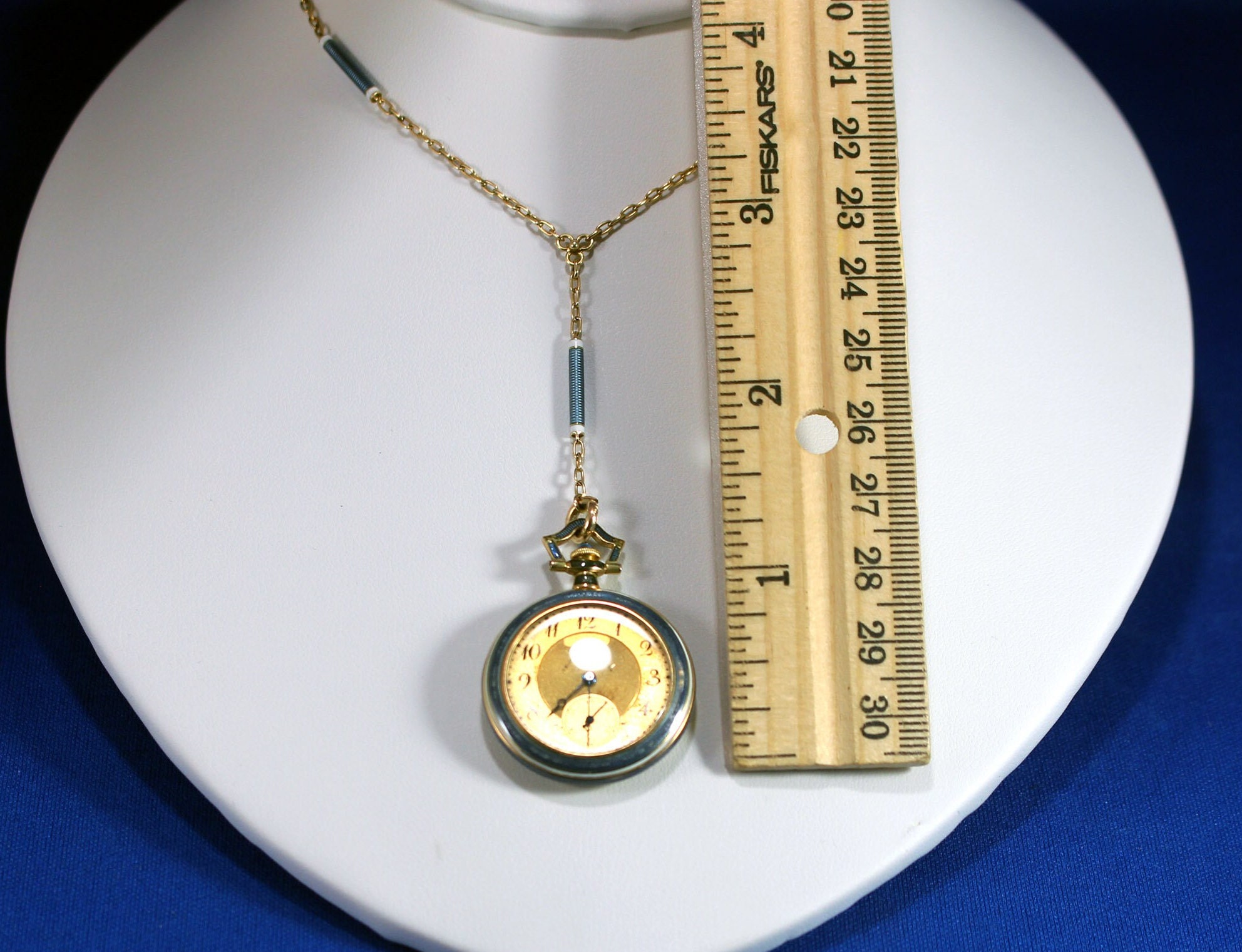 Watch Pendant Necklace Antique From 1915, Blue Guilloche Enamel and 14K ...