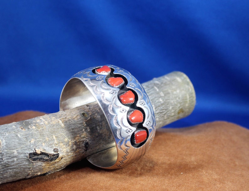 Natural Coral and Sterling Silver Cuff Bracelet, Vintage Navajo ...