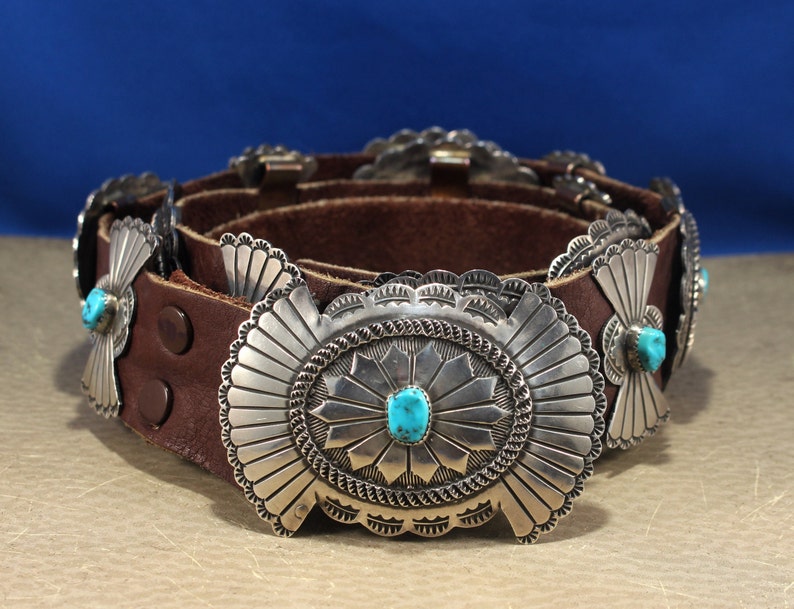 Concho Belt, Sterling Silver and Turquoise on Brown Leather Belt ...
