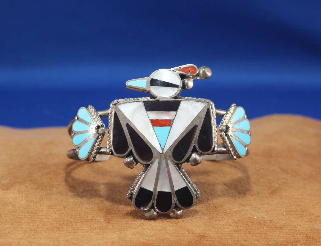 Zuni Thunderbird Cuff Multi-stone Inlay and Sterling Silver, Vintage ...
