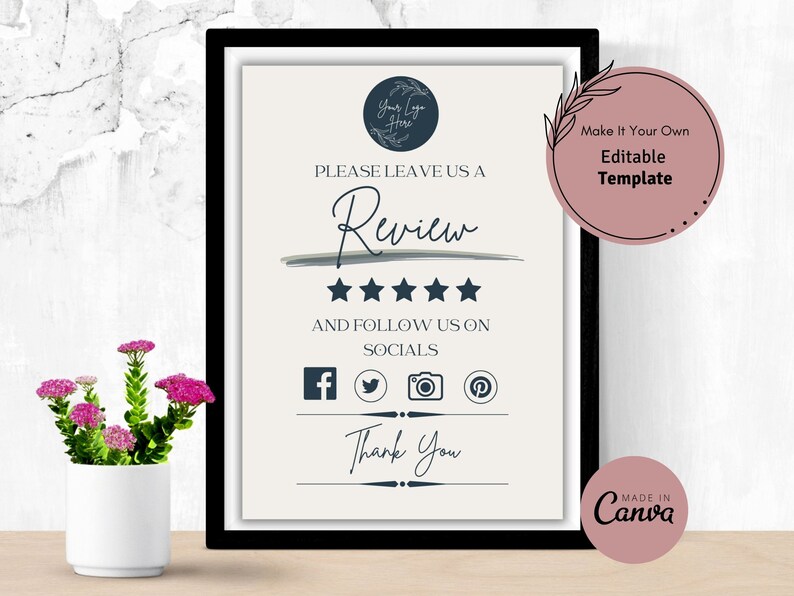 Editable Social Media Sign Template, Leave a Review Sign for Small ...