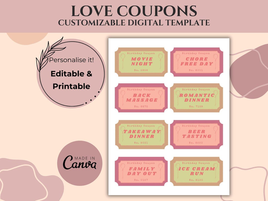 Editable Love Coupon Template, Printable Love Tokens, Last Minute Gift ...