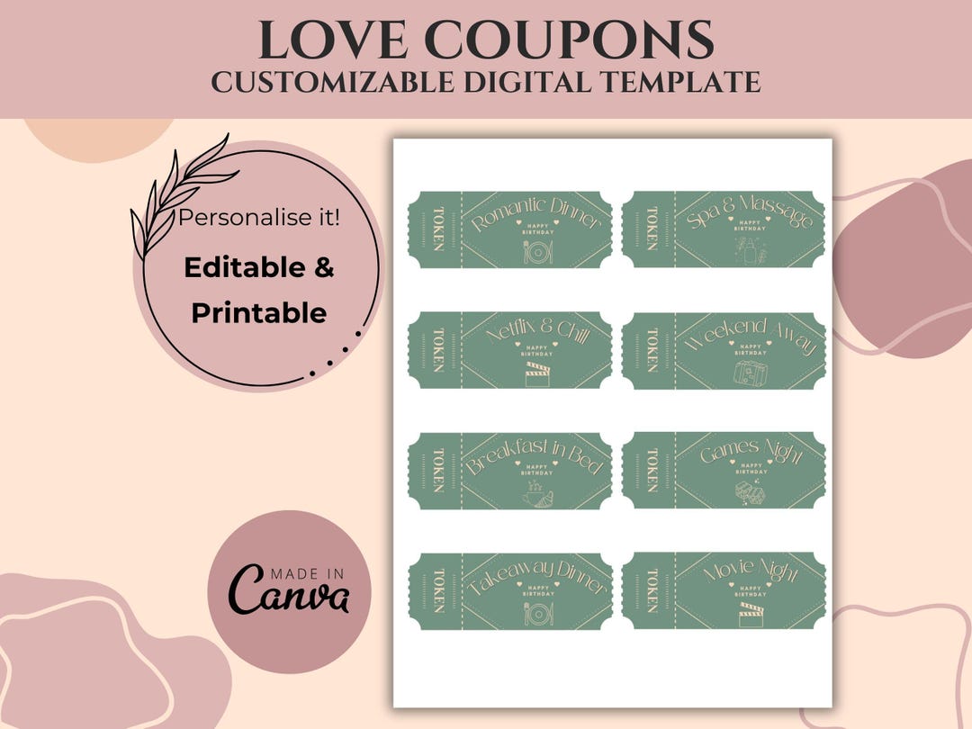 Editable Love Coupon Template, Printable Coupon Book, Valentine's Day ...