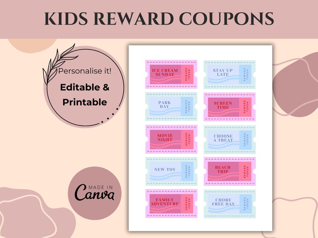 Kids Reward Coupons Printable, Reward Tokens for Kids, Editable Kids ...