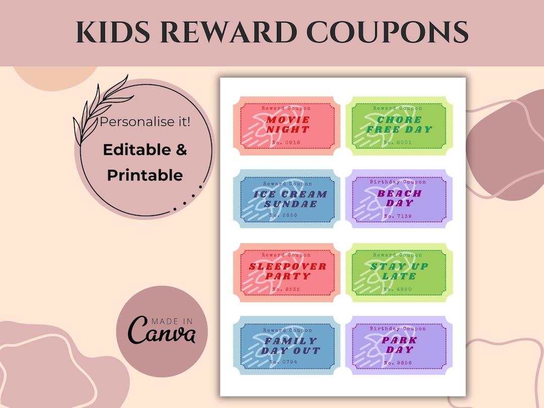 Kids Reward Coupons Printable, Reward Tokens for Kids, Editable Kids ...