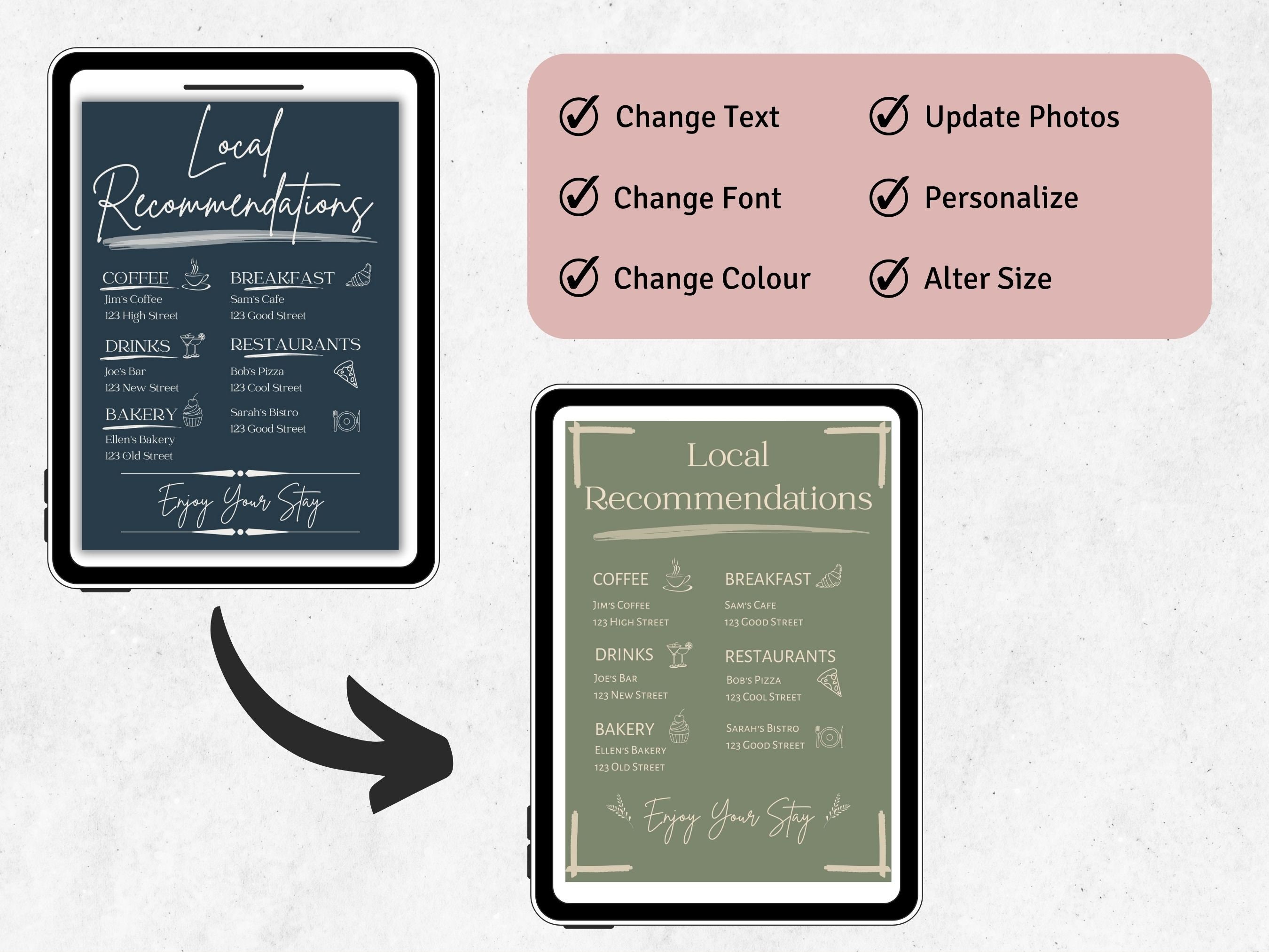 Editable Airbnb Sign Template, Printable Local Recommendations Sign for ...
